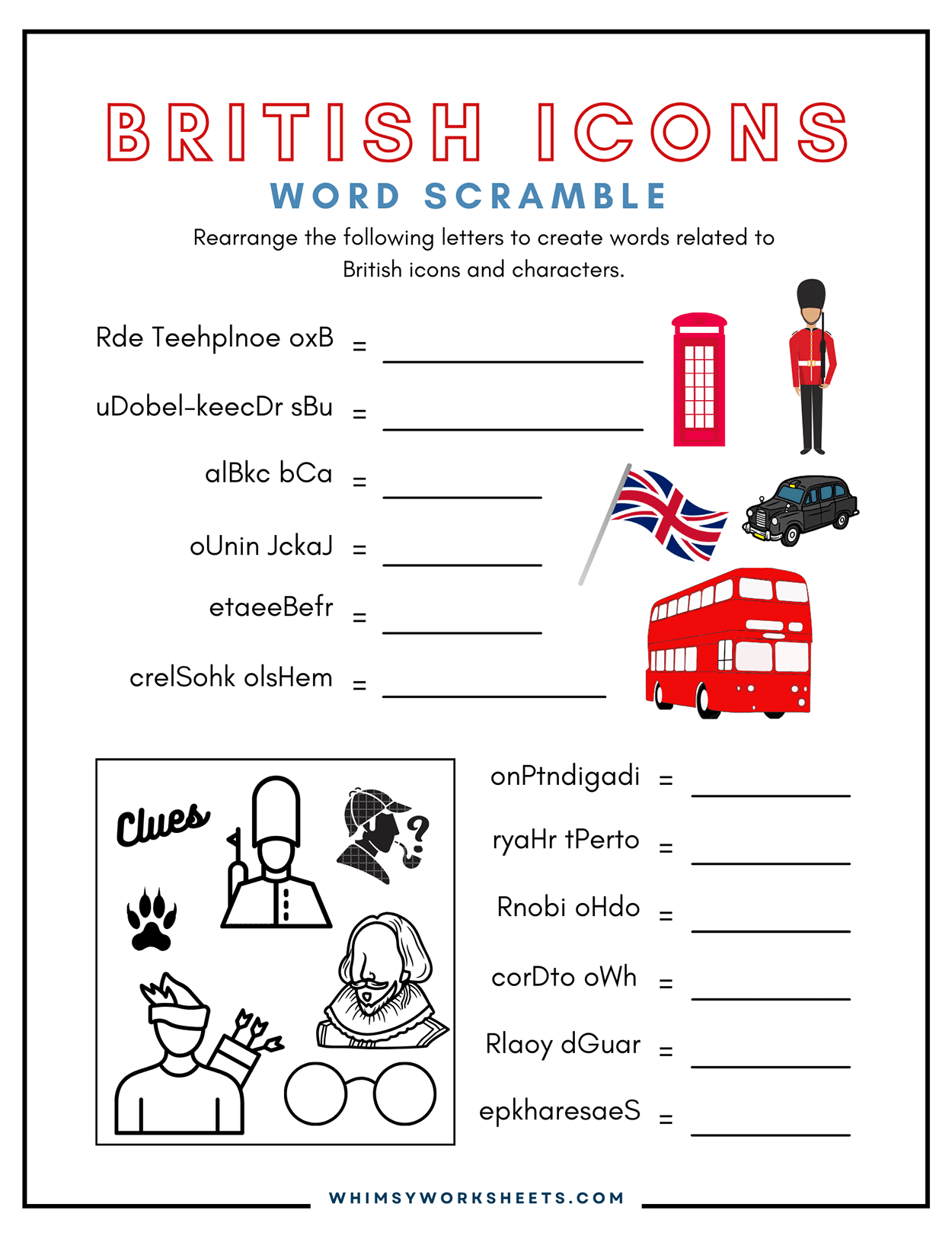 London Word Scramble • Whimsy Worksheets