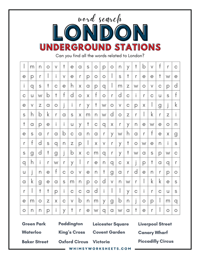 London Word Search #1 • Whimsy Worksheets