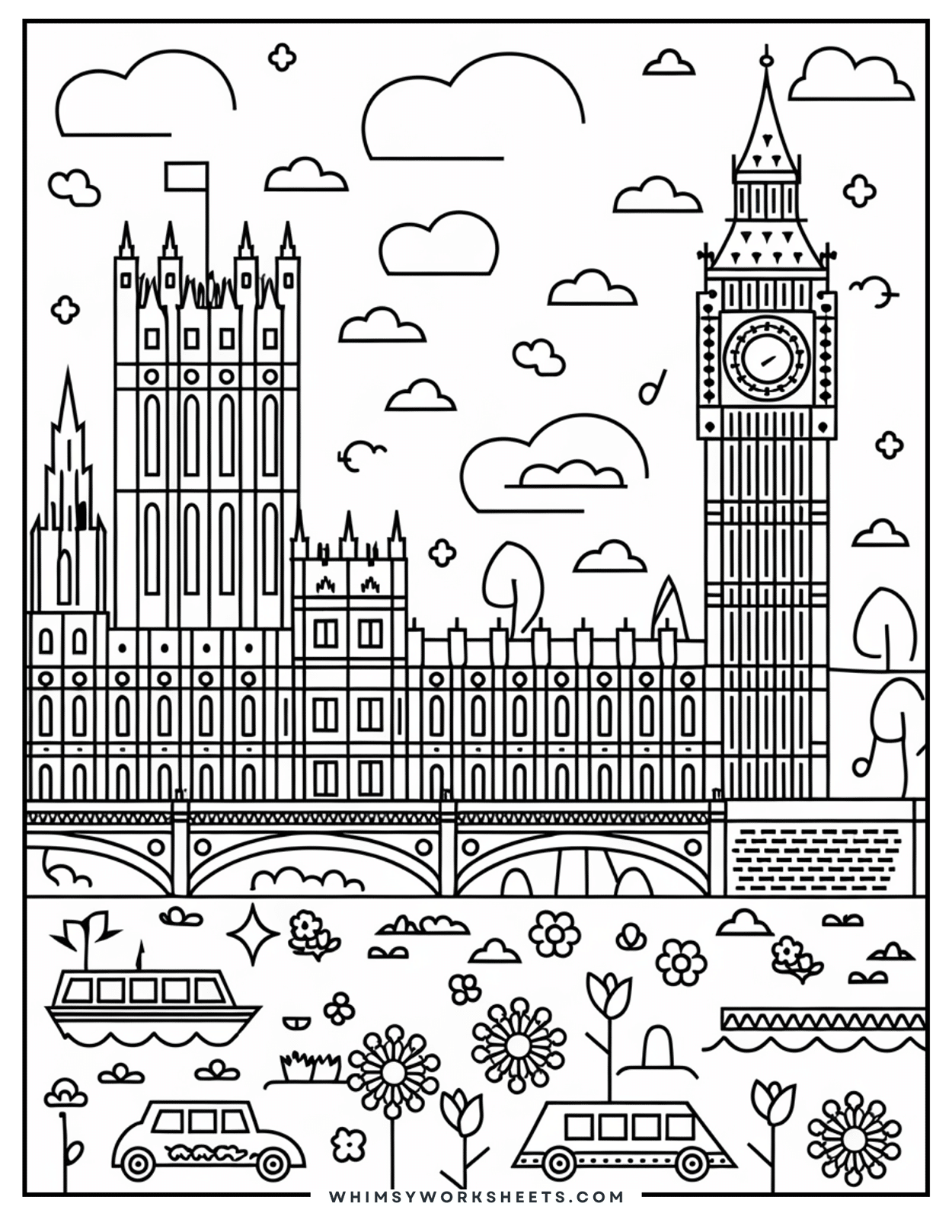London Attractions Coloring Pages: Big Ben, Double-Decker Buses & More