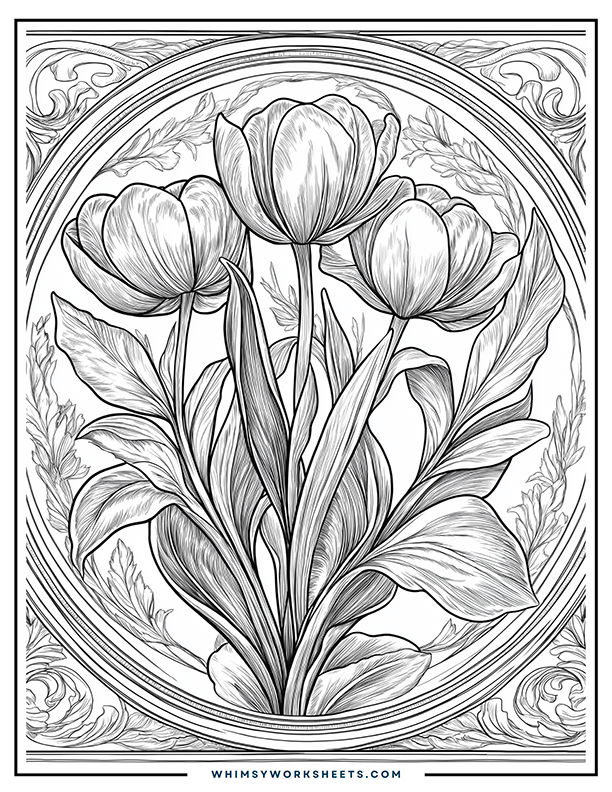 Tulip Art Deco Coloring Pages #3 • Whimsy Worksheets