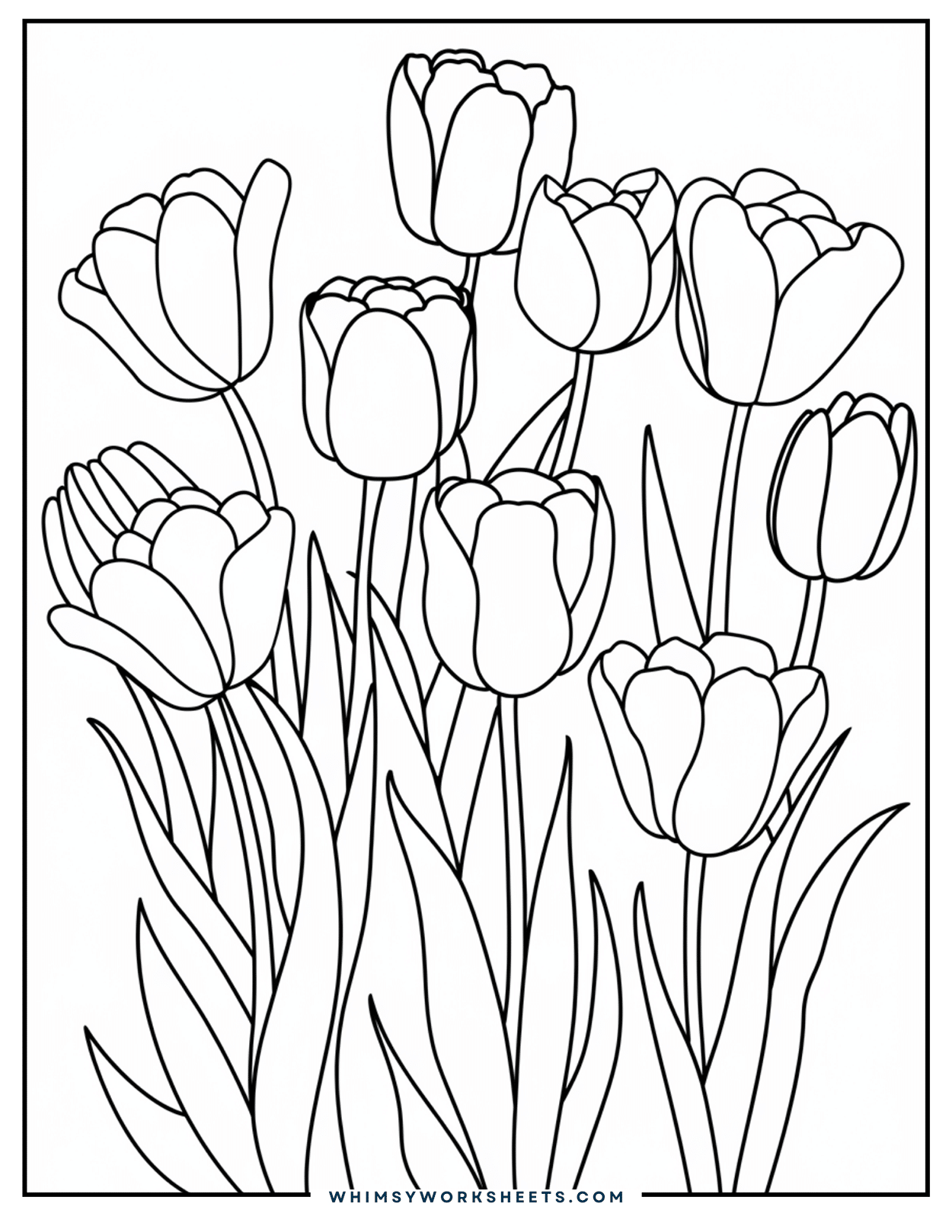 Tulip Outline Coloring Pages: Bouquets • Whimsy Worksheets